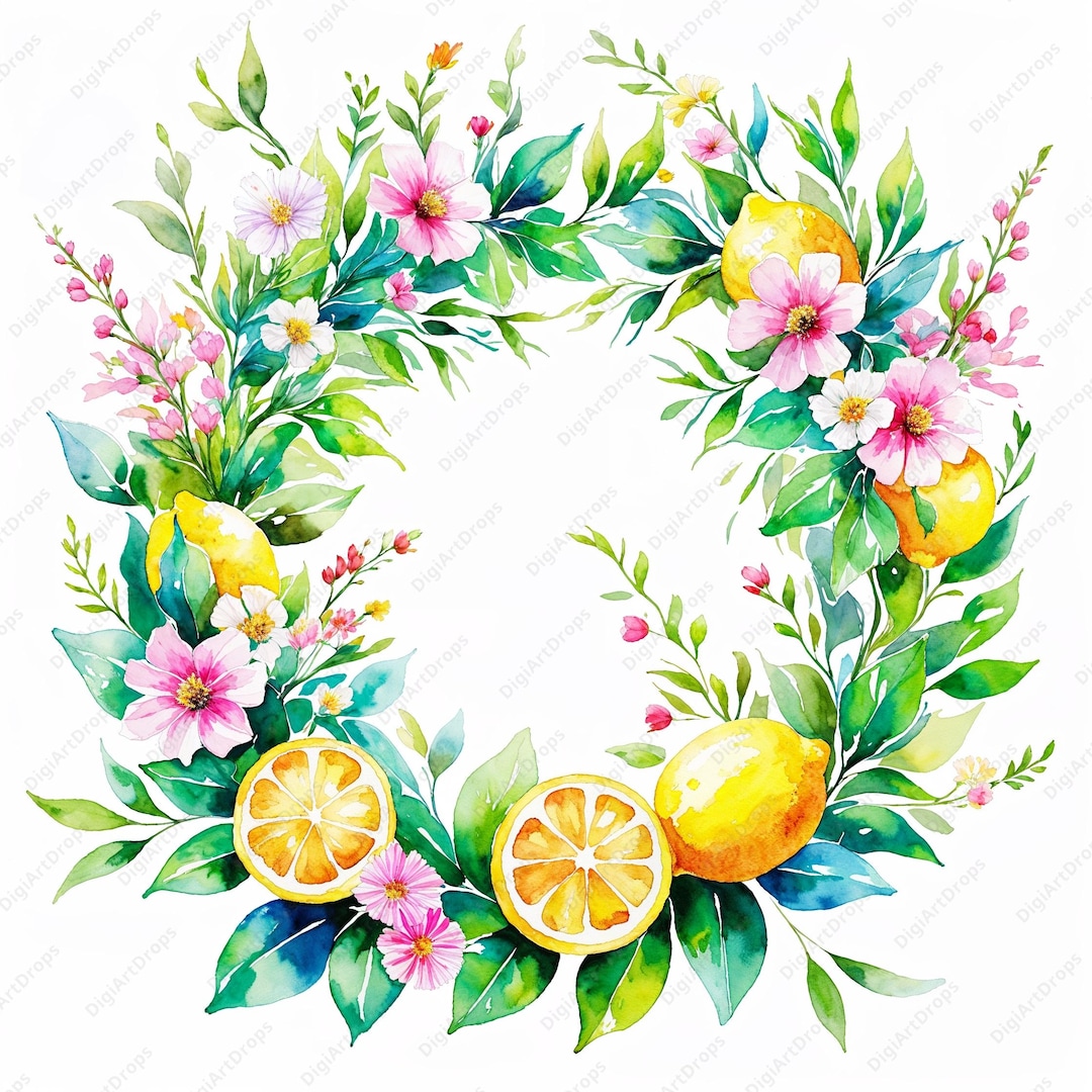 Watercolor Floral Wreath Clipart - Lemon Branches for Whimsical Wedding ...