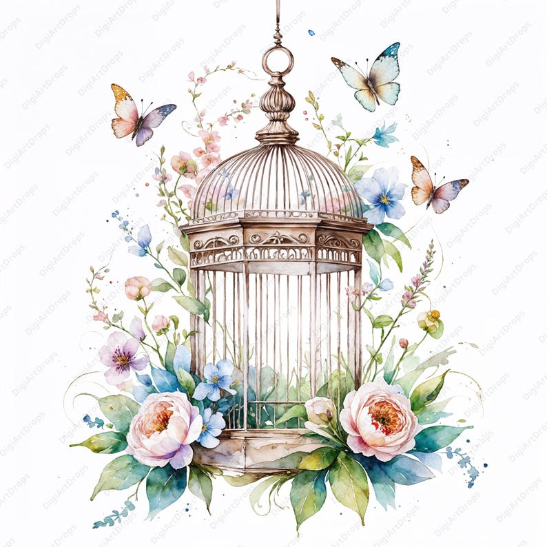 Watercolor Floral Birdcage Clipart: Whimsical Wedding Graphics (digital ...