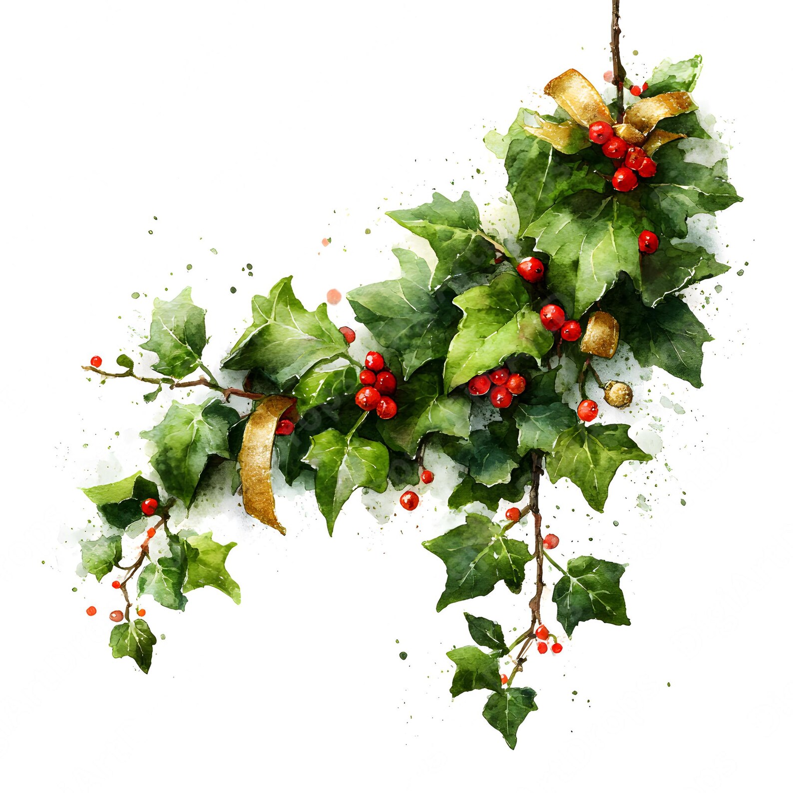 Watercolor Christmas Ivy Clipart: Berries & Gold Ribbon (digital ...