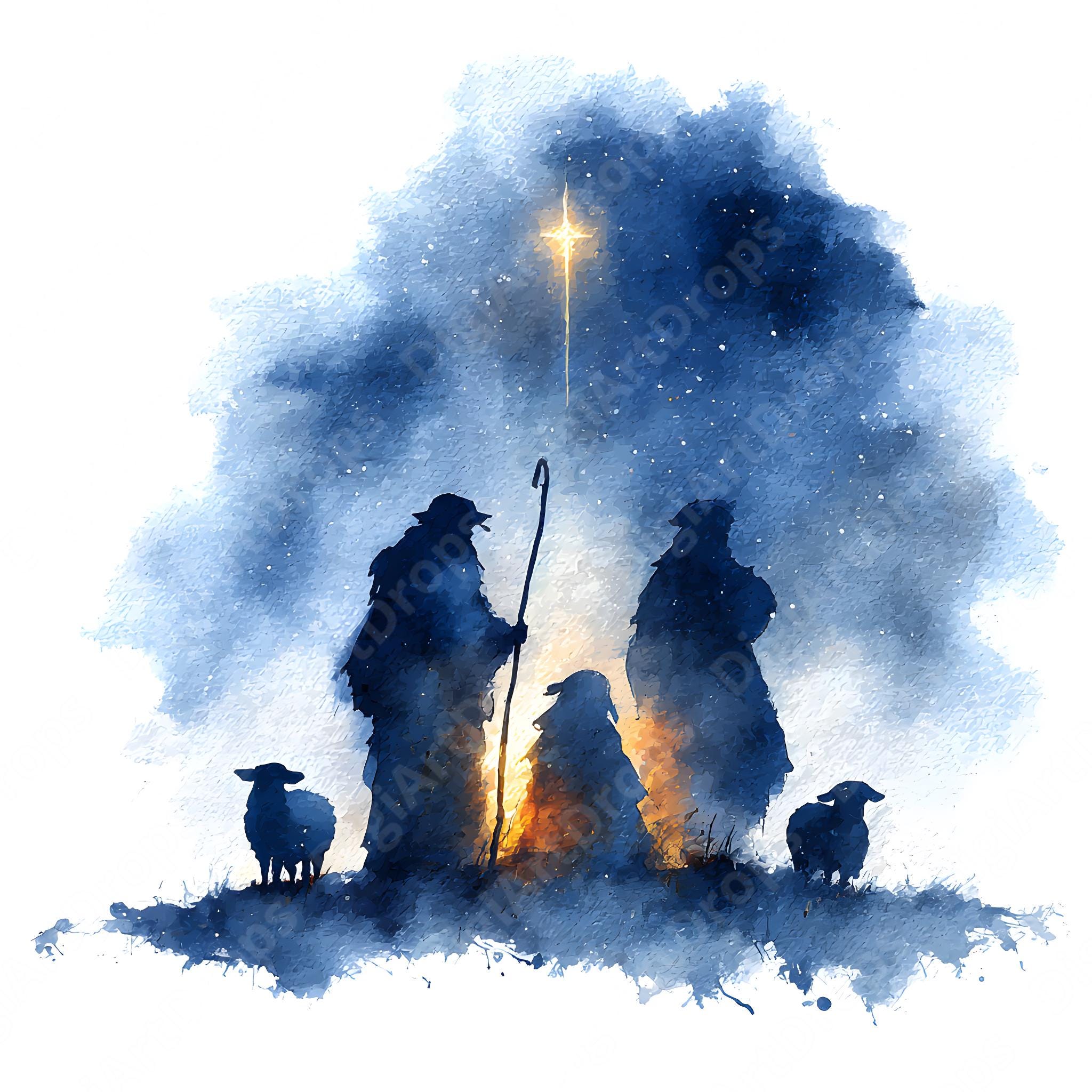Nativity Shepherds Clipart - Watercolor Sheep Under Christmas Star ...