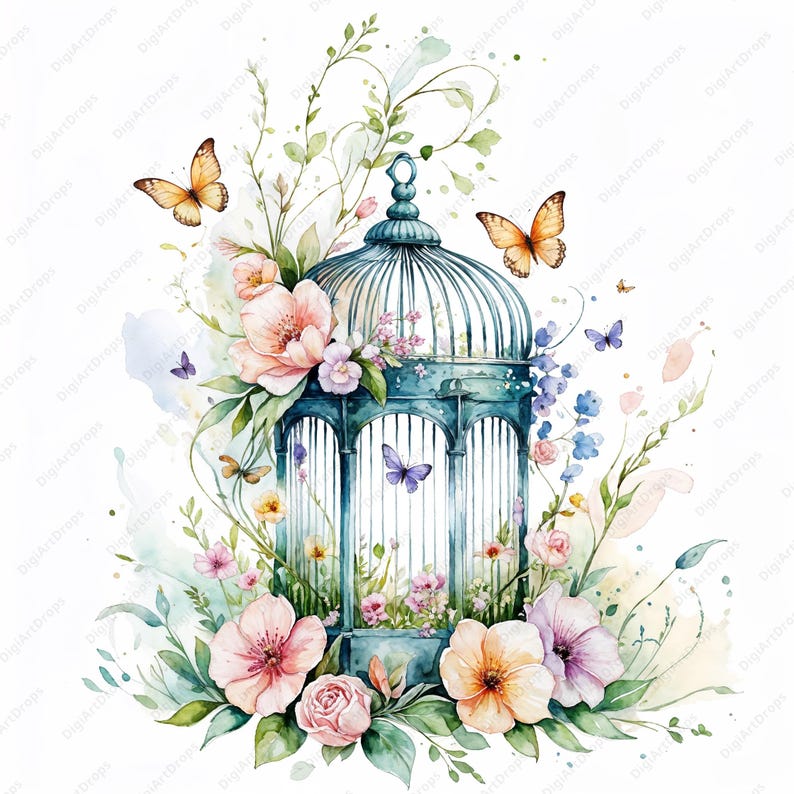 Watercolor Floral Birdcage Clipart: Whimsical Wedding Graphics (digital ...
