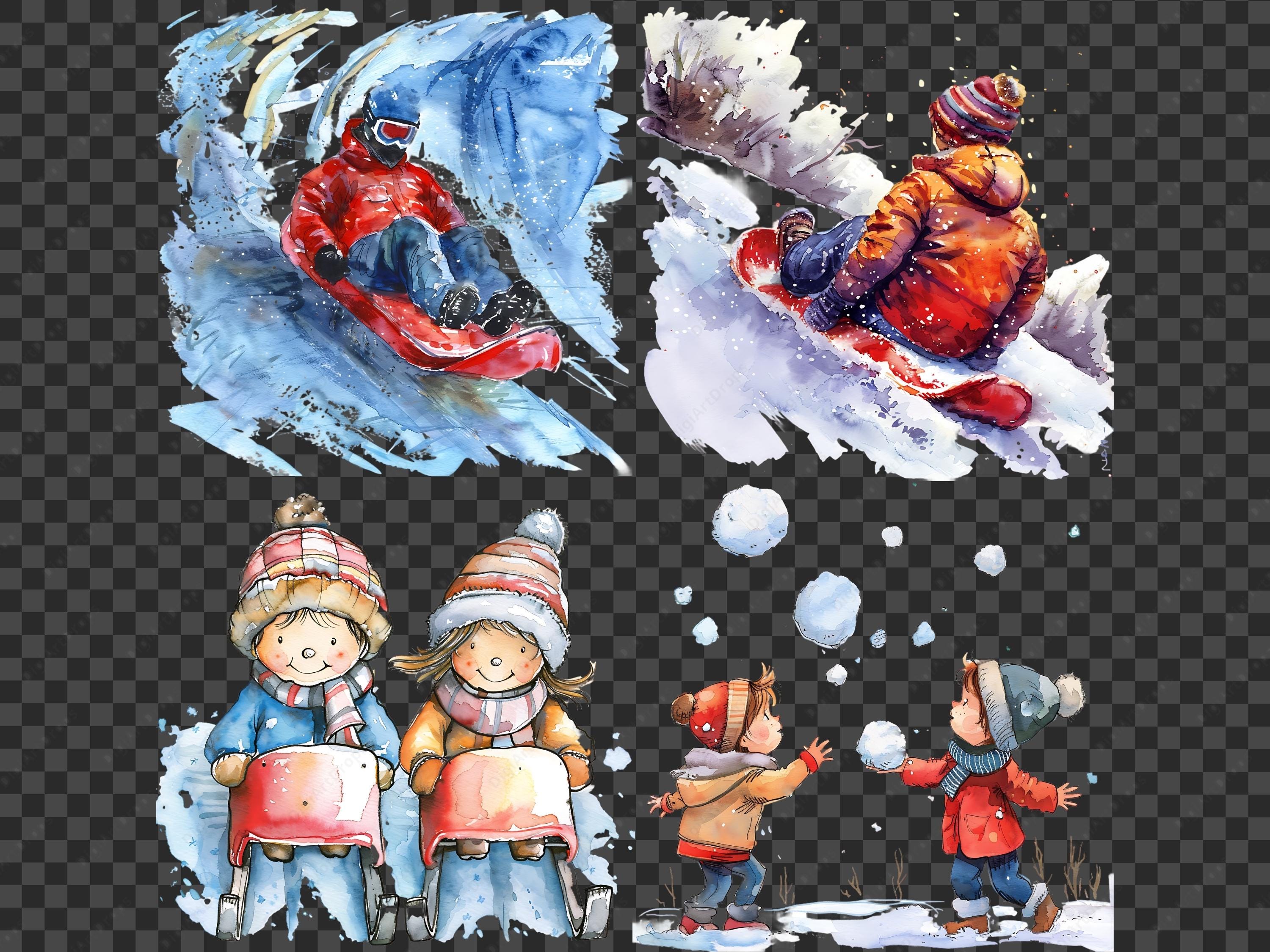 Winter Sports Clipart Bundle: Sledding, Snowball Fights (digital ...