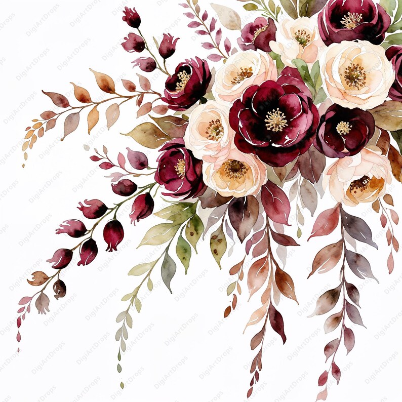 Burgundy Cream Floral Clipart: Vintage Wedding Roses (10 Jpgs) - Etsy