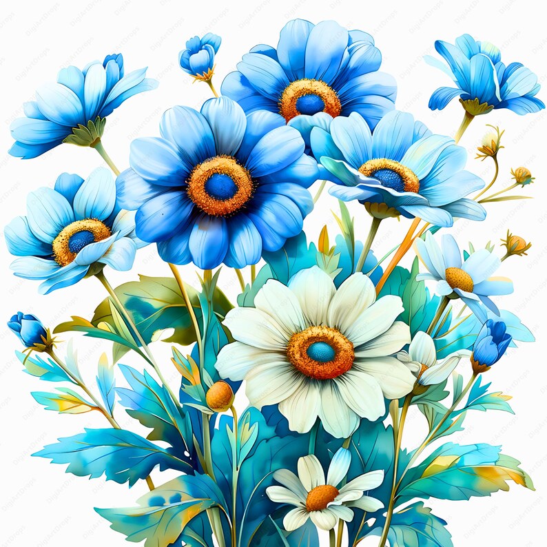 Watercolor Daisy Clipart: White, Yellow & Blue Floral Designs (JPG ...