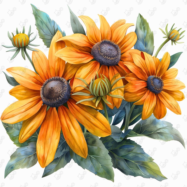 Vibrant Black-eyed Susan Watercolor Clipart 10 JPG Digital Download ...