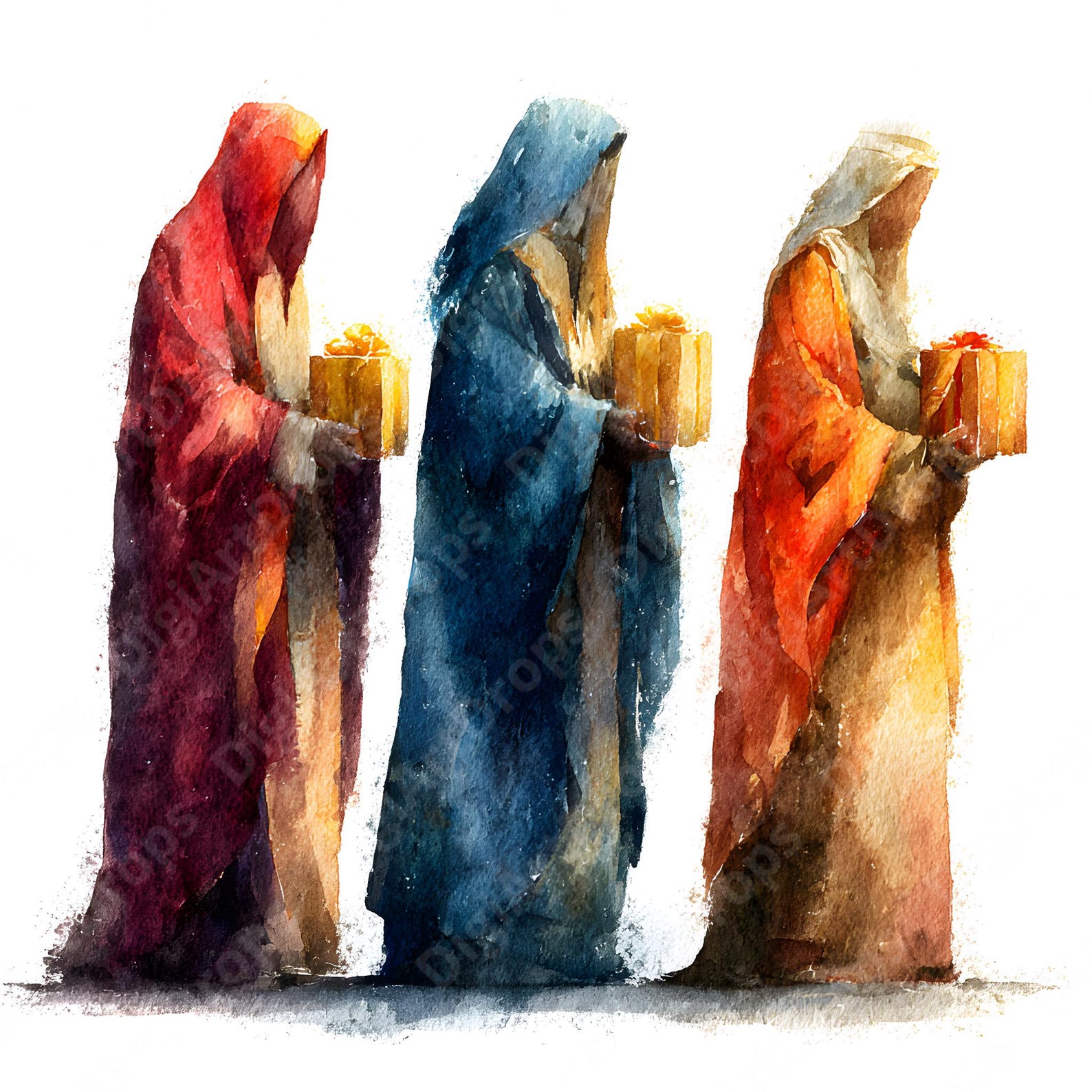 Three Wise Men Clipart — Watercolor Silhouette Magi With Gold Gifts ...