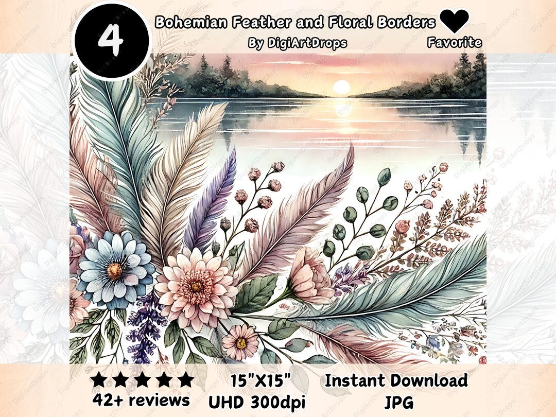 Bohemian Feather and Floral Borders - 4 HQ Jpgs, Scrapbook, Digital ...