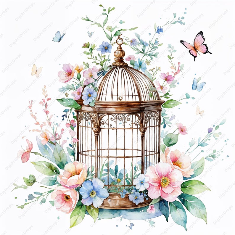Watercolor Floral Birdcage Clipart: Whimsical Wedding Graphics (digital ...