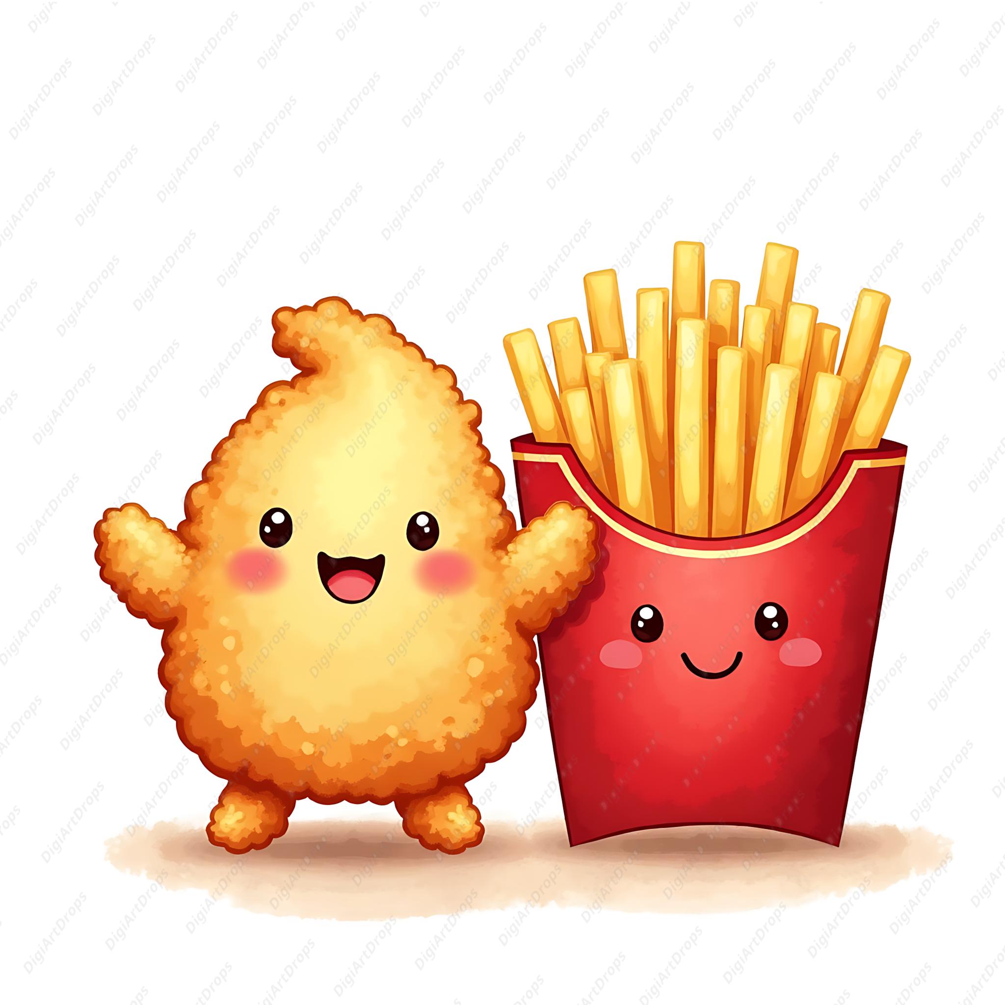 Cute Kawaii Clipart Bundle, Chicken Nugget & Fries, Watercolor Fast ...
