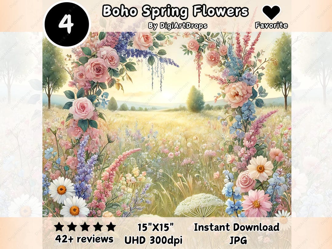 Boho Spring Flowers Clipart - 4 HQ Jpgs, Scrapbook, Digital Planner ...