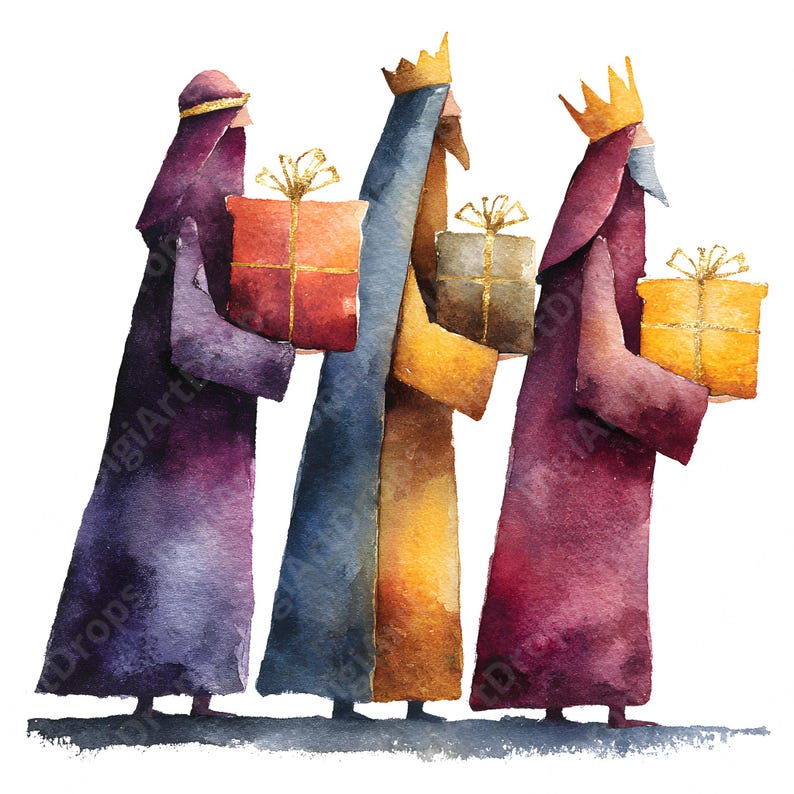 Three Wise Men Clipart — Watercolor Silhouette Magi With Gold Gifts ...