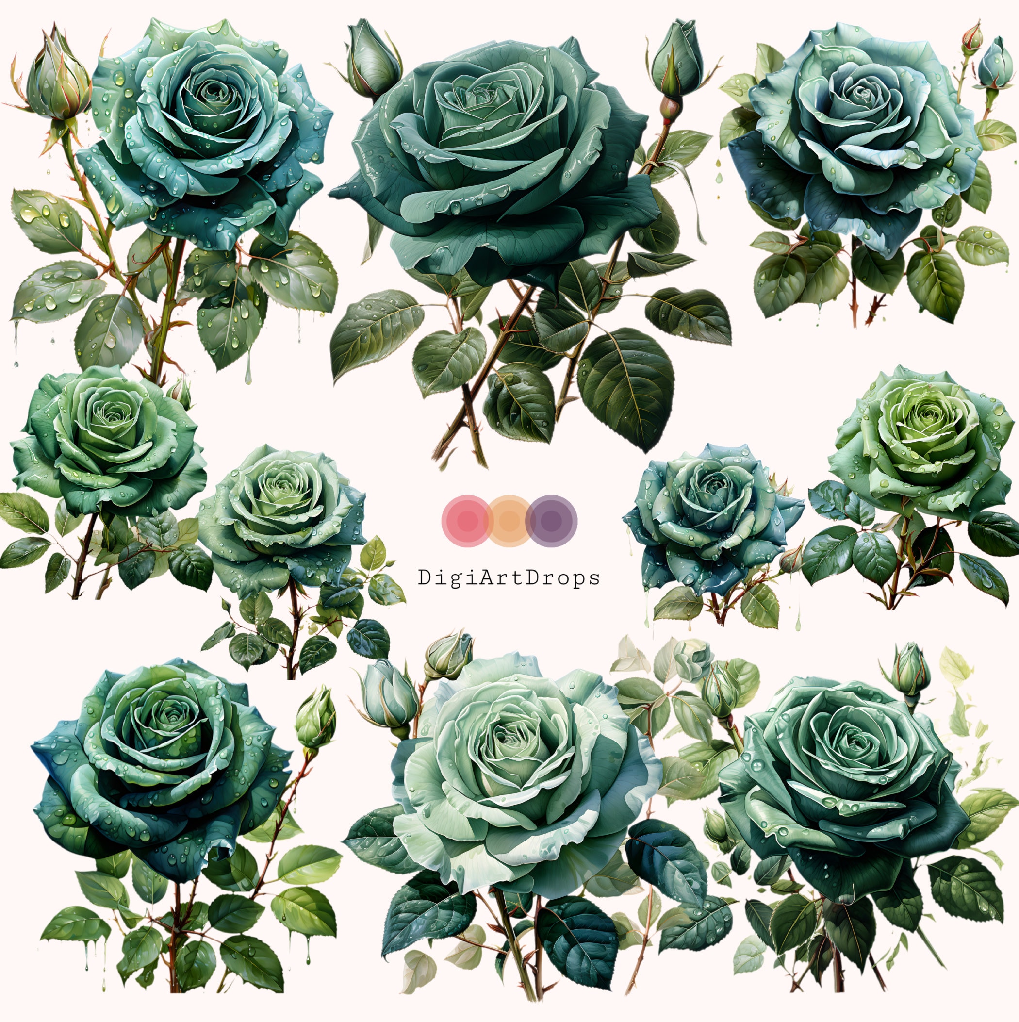 Watercolor Roses Emerald Roses Clipart Watercolor Flowers - Etsy