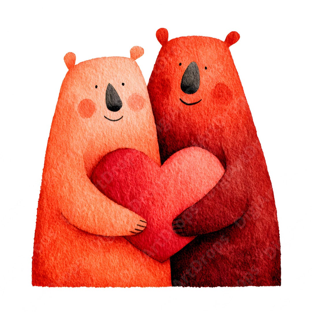 Watercolor Bear Couple Clipart, Valentine's Day Heart, Nursery Decor ...