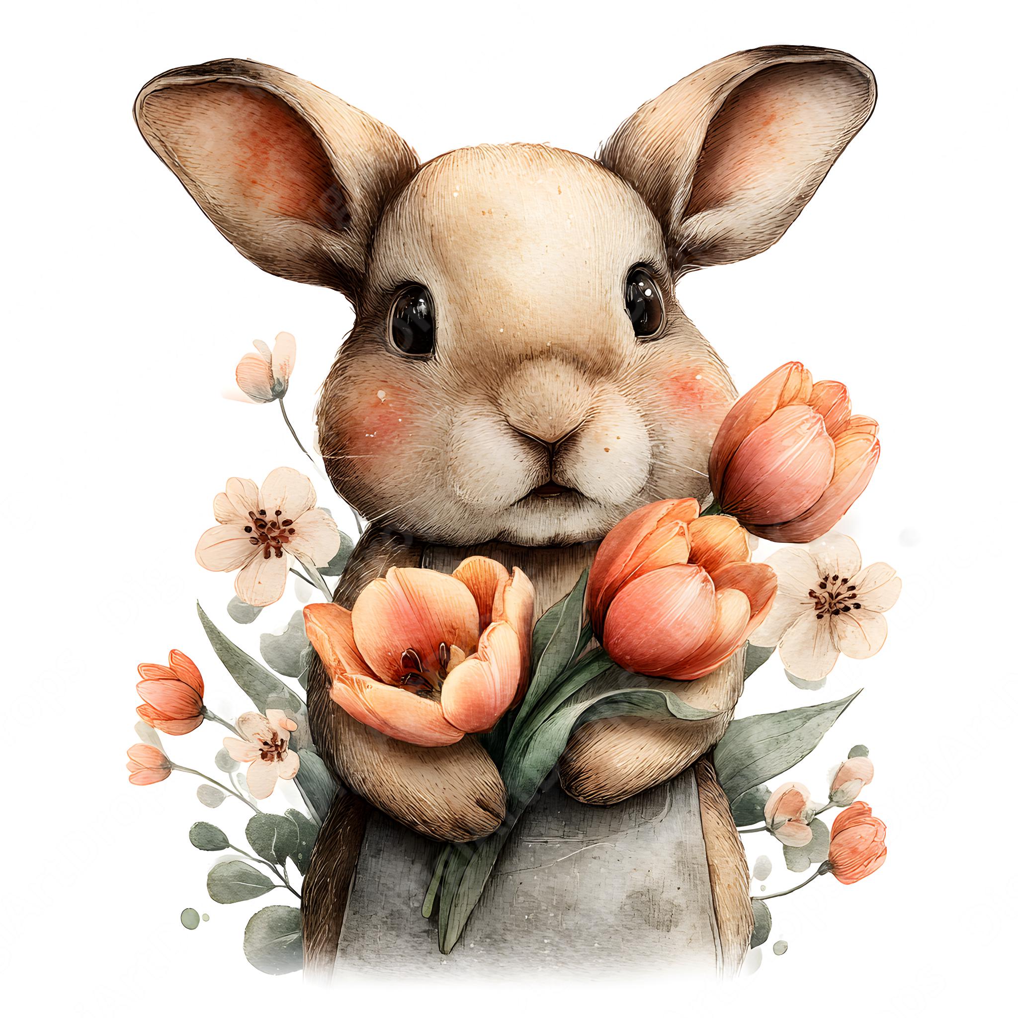 Bunny With Tulips Watercolor Clipart (digital Download) - Etsy