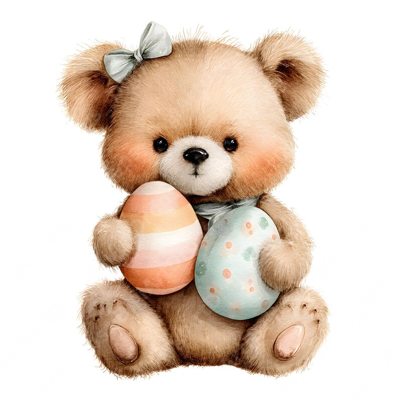 Watercolor Easter Teddy Bear Clipart, Pastel Easter Egg Illustration ...