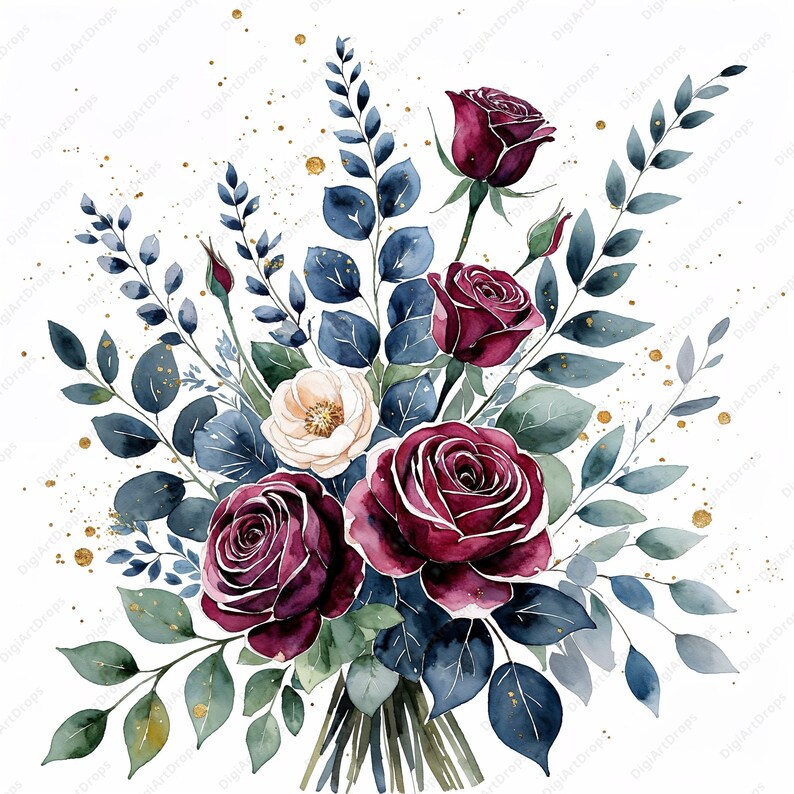 Burgundy Rose Bouquet Watercolor Clipart: Elegant Fall Wedding ...