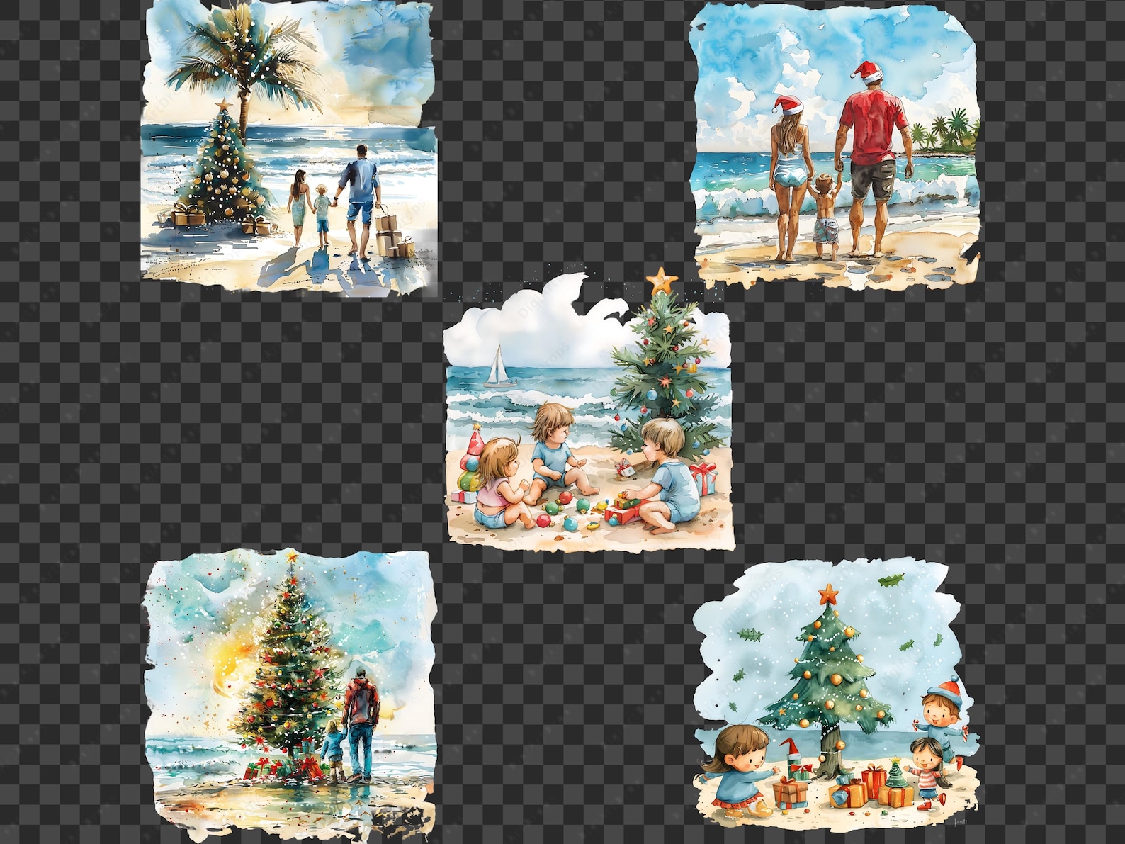 Beach Christmas Clipart Bundle: Santa Surfing, Tropical Holiday (PNG ...