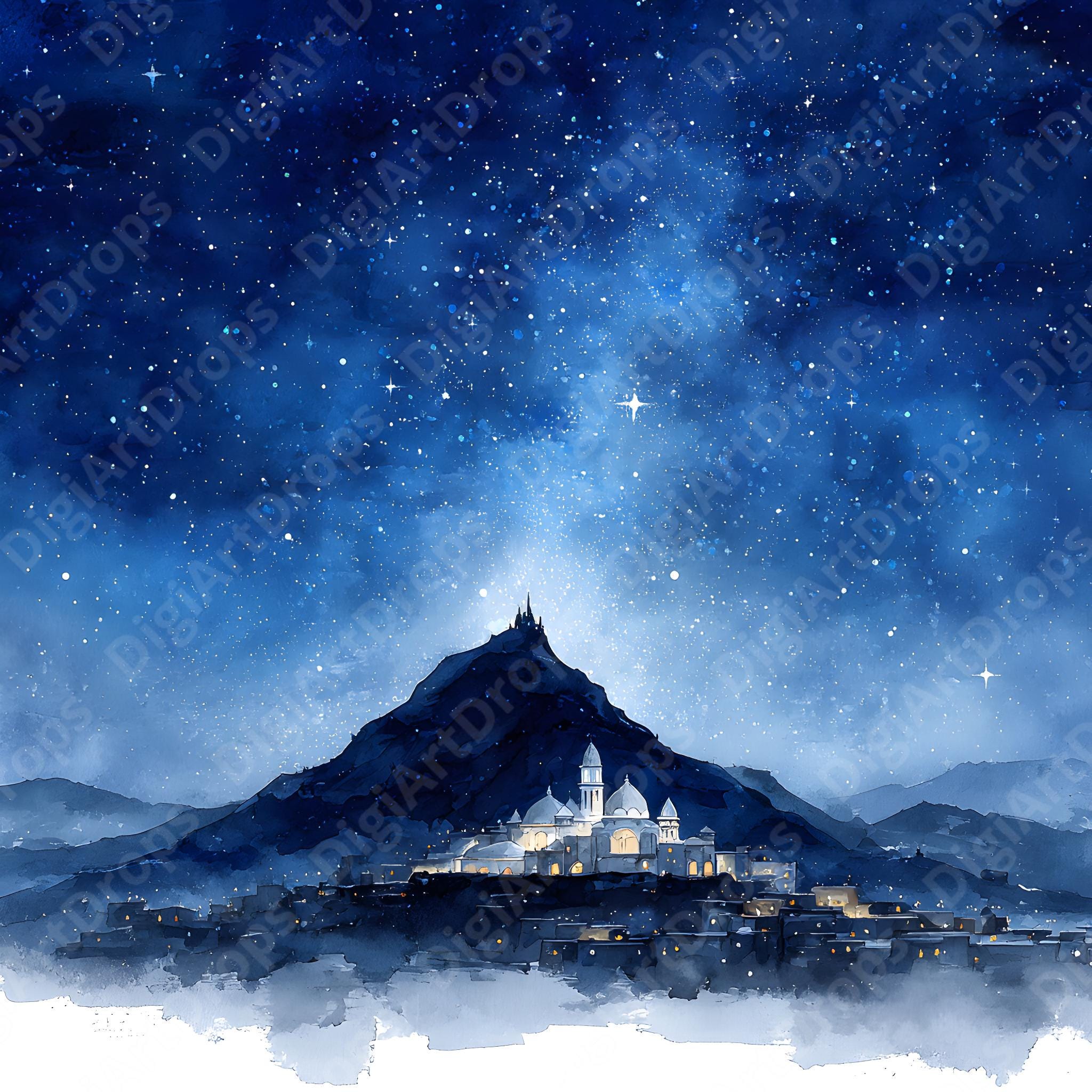 Bethlehem Night Sky Watercolor Backgrounds – Nativity Christmas Star ...