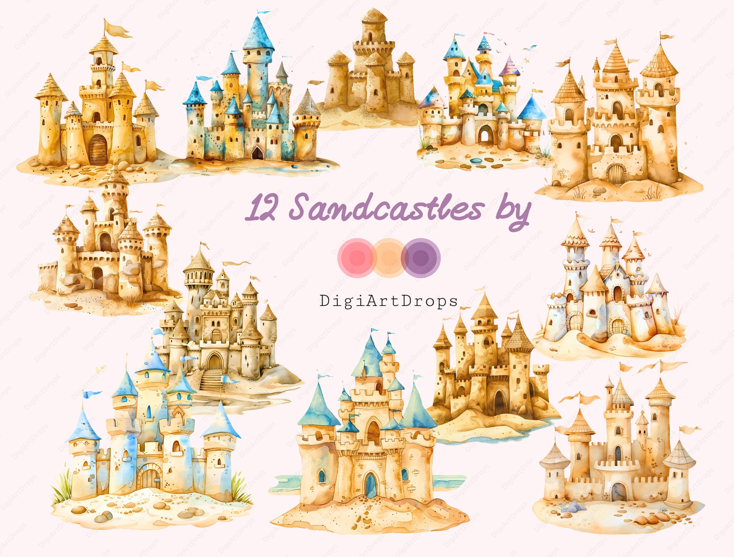 Watercolor Sandcastle Clipart Bundle: Summer Beach Art (digital ...