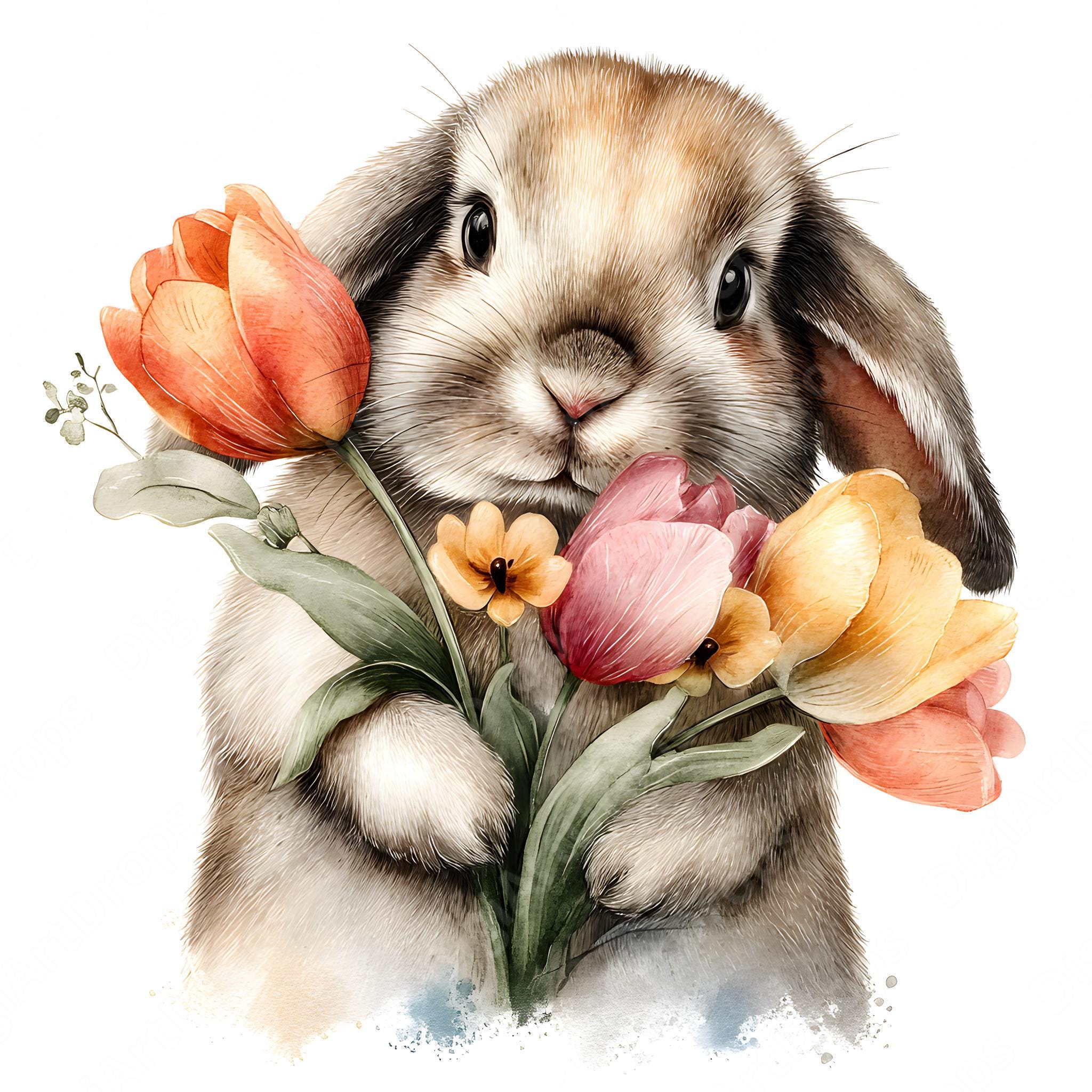 Bunny With Tulips Watercolor Clipart (digital Download) - Etsy