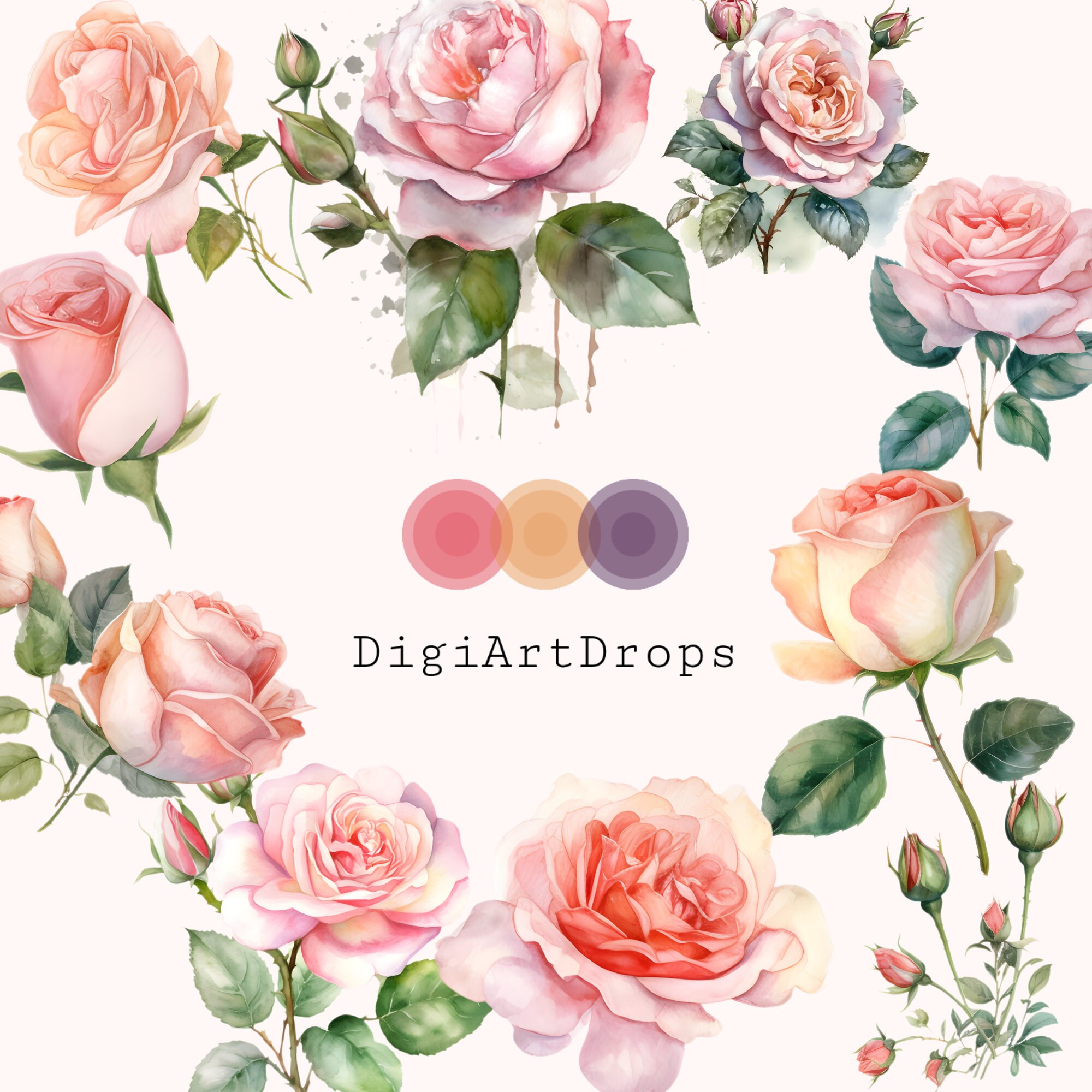 Watercolor Pink Roses Clipart Bundle 10 PNG Digital Download High ...