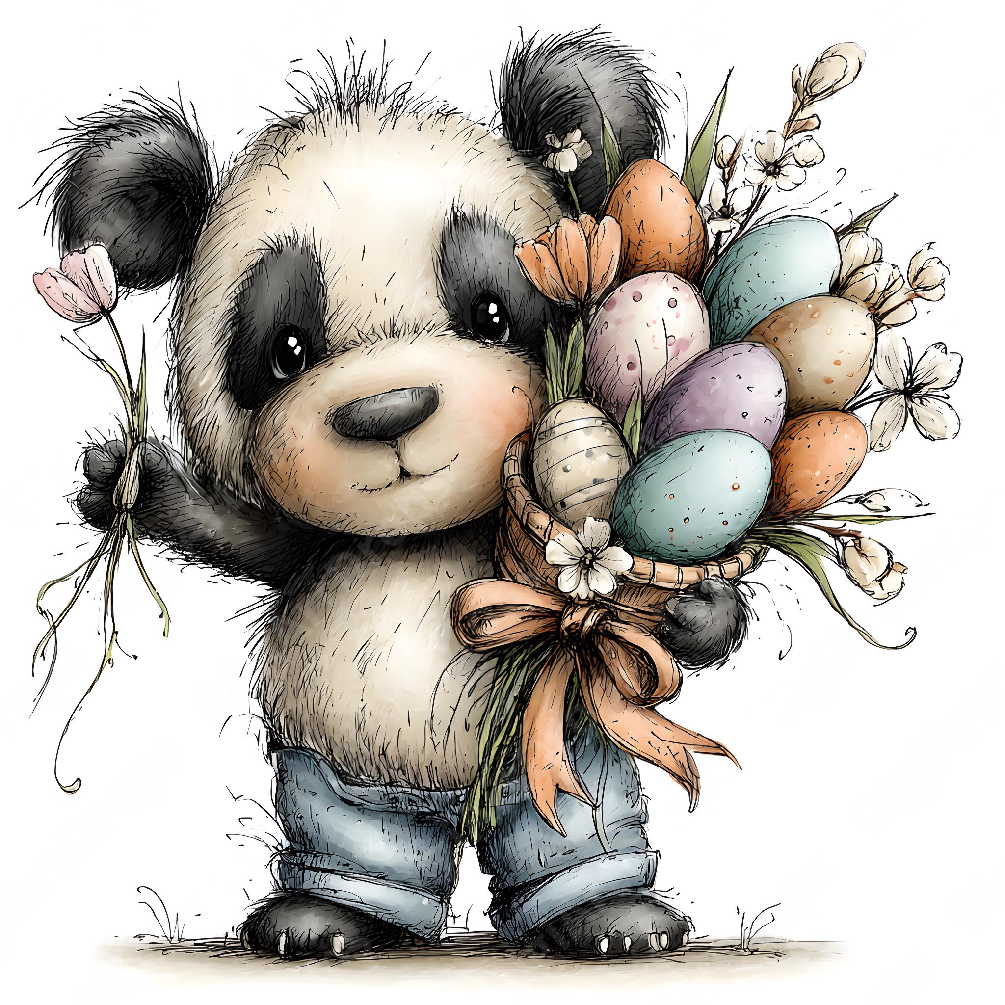 Whimsical Easter Panda Clipart, Pastel Watercolor Nursery Art (digital ...