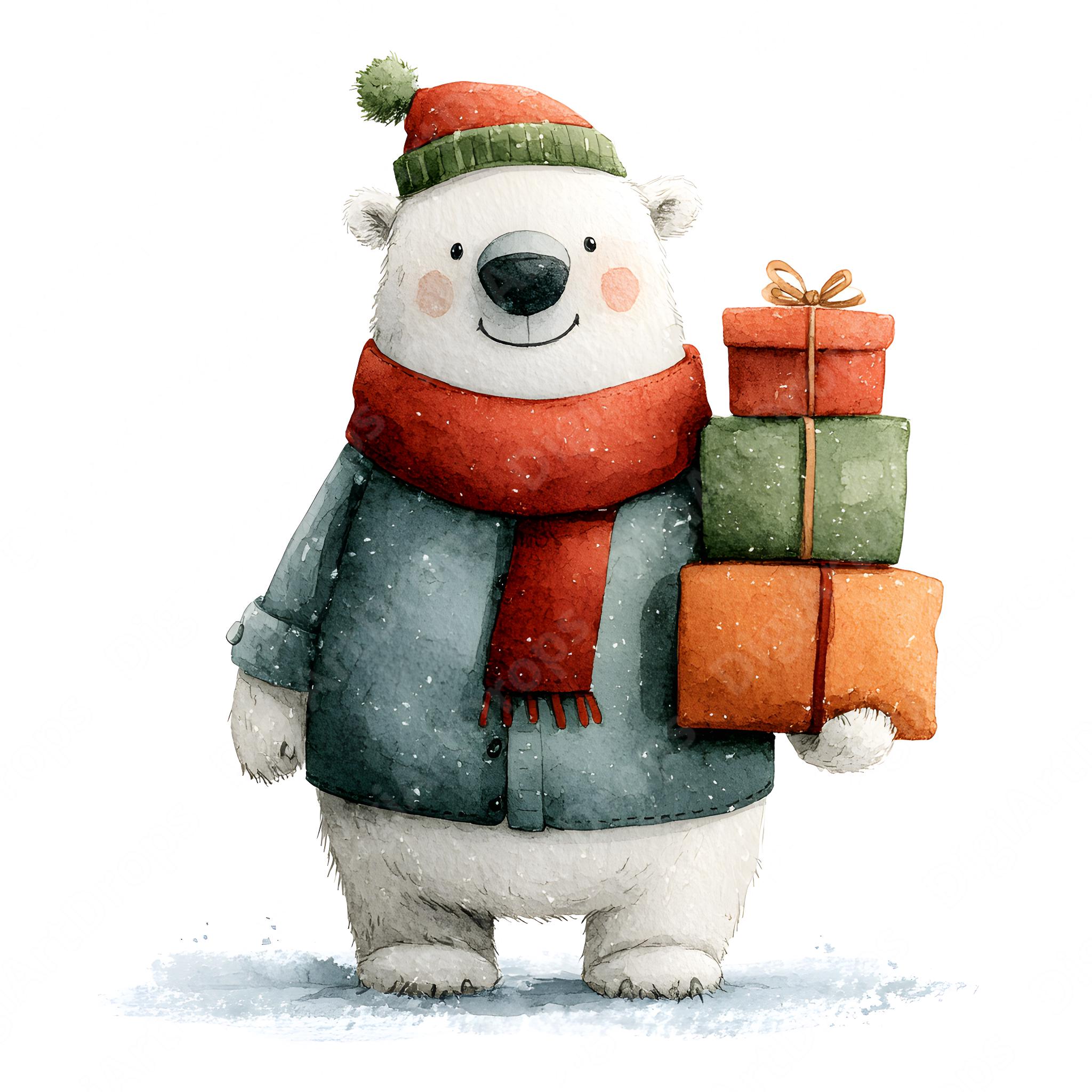 Watercolor Polar Bear Christmas Clipart: Santa's Helper (digital ...
