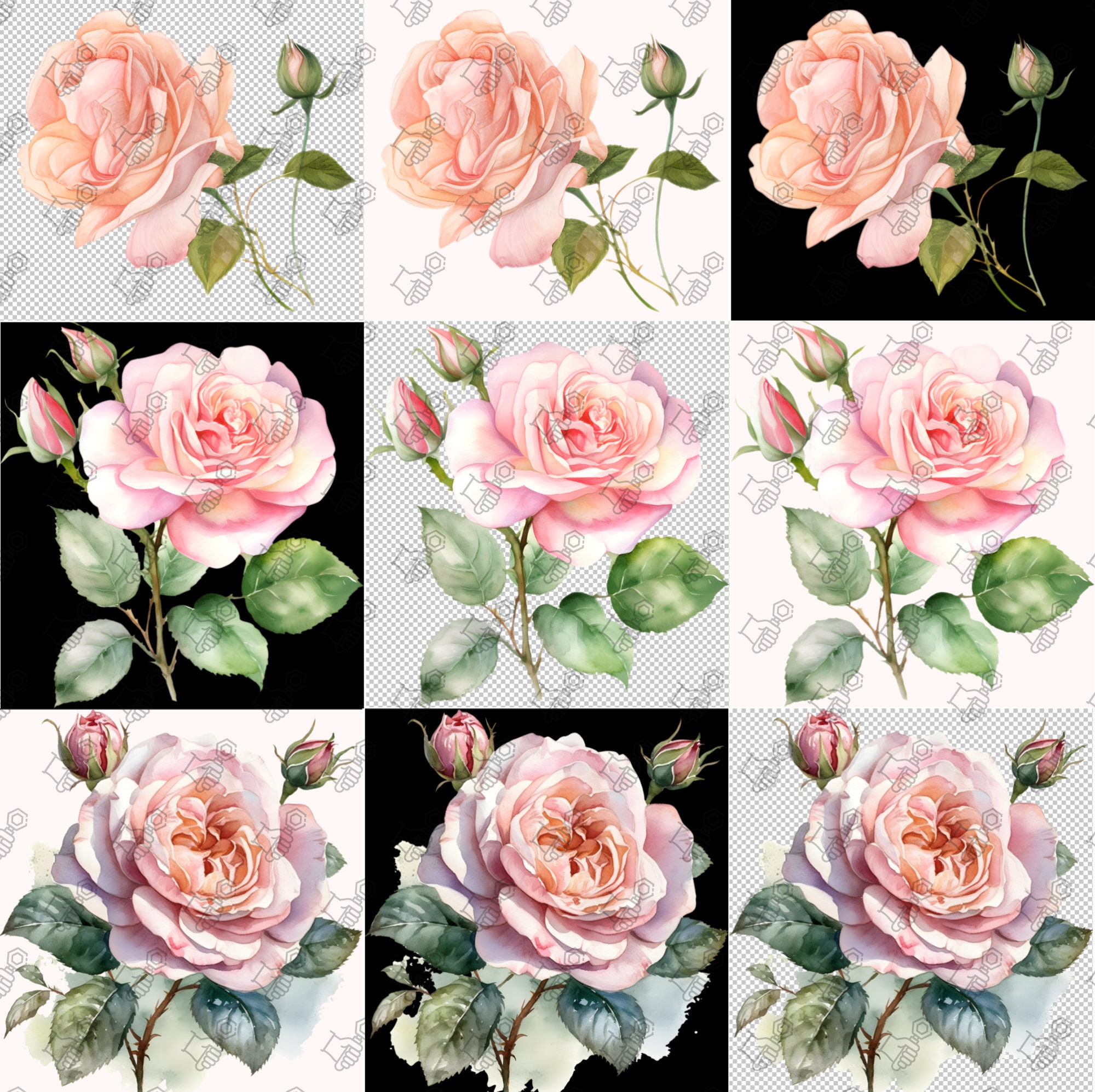 Watercolor Pink Roses Clipart Bundle 10 PNG Digital Download High ...