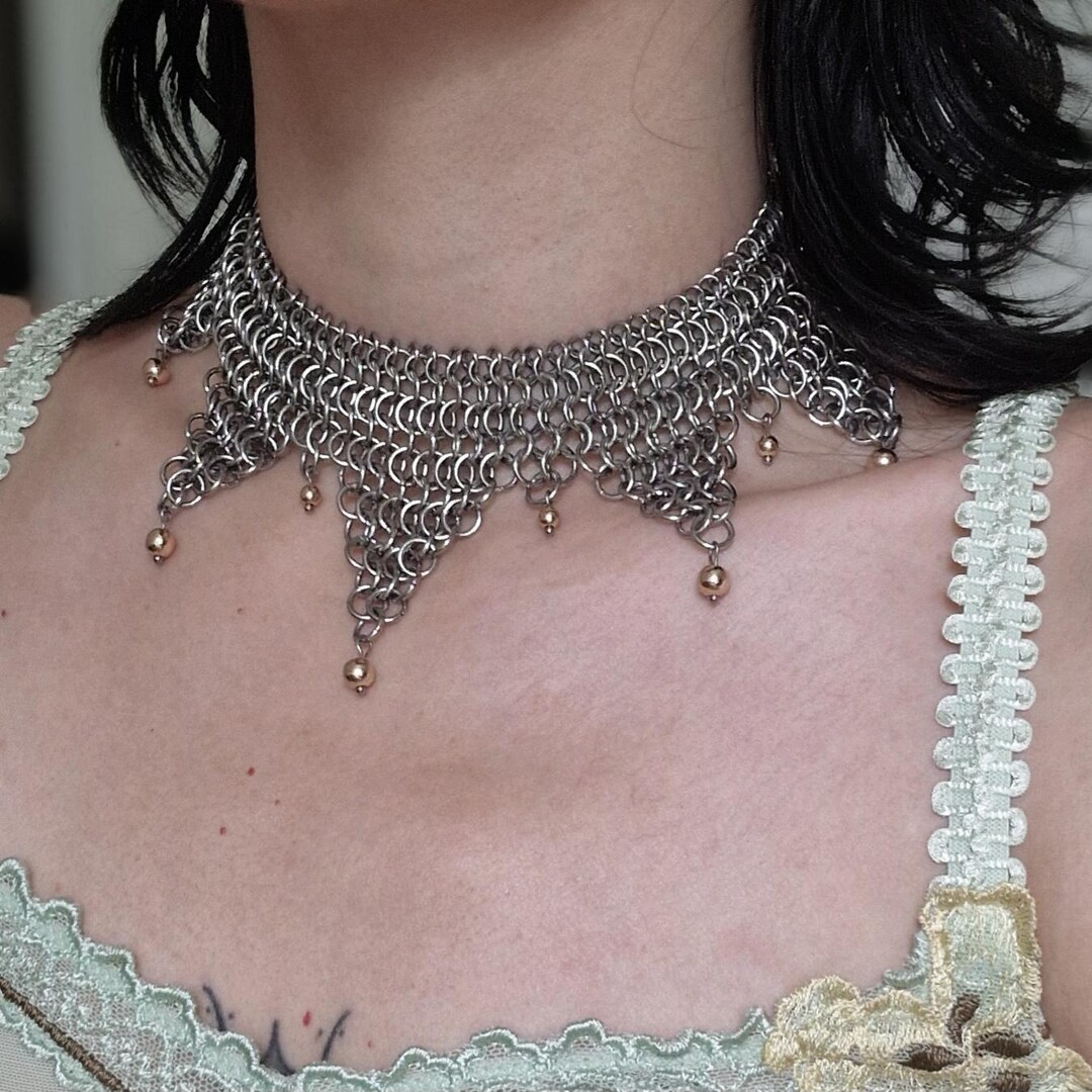 Jester Chainmail Choker – Gold Beads Gothic Necklace, Medieval Fantasy ...