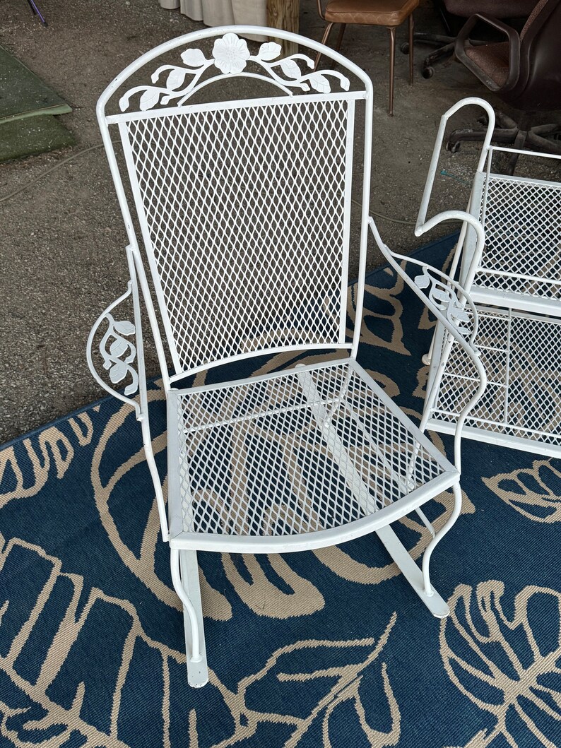 Vintage Wrought Iron Patio Garden Set 4 Pc Bakers Rack Tea Cart Rocking ...