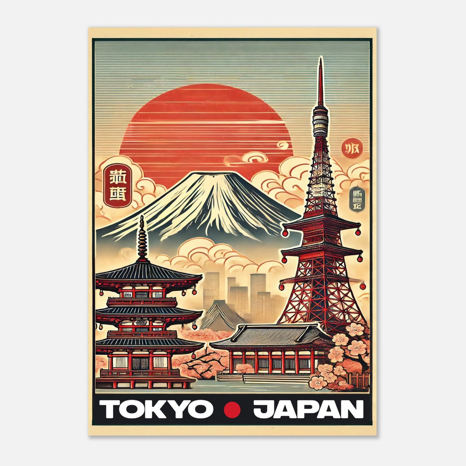 Vintage Tokyo Travel Poster Japan Wall Art With Mount Fuji, Tokyo Tower ...