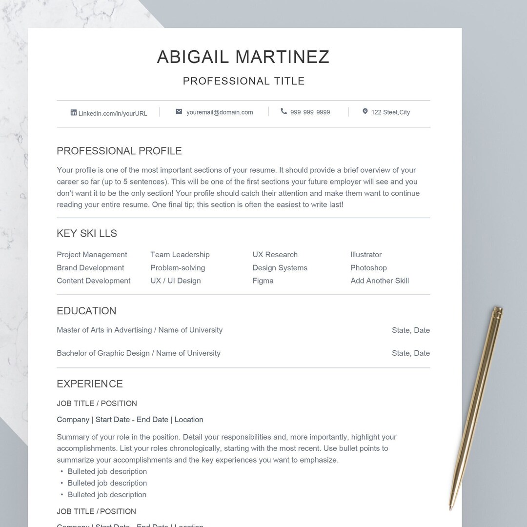 Minimalist, Professional Resume Template for Google Docs, Word, Modern ...