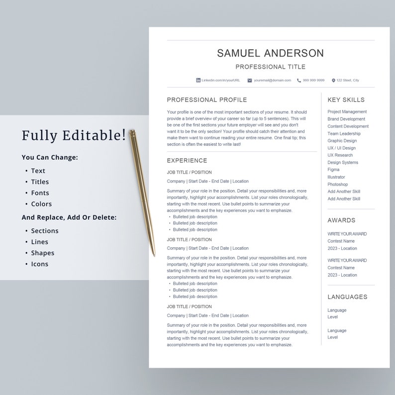 Minimalist, Professional Resume Template for Google Docs, Word, Modern ...