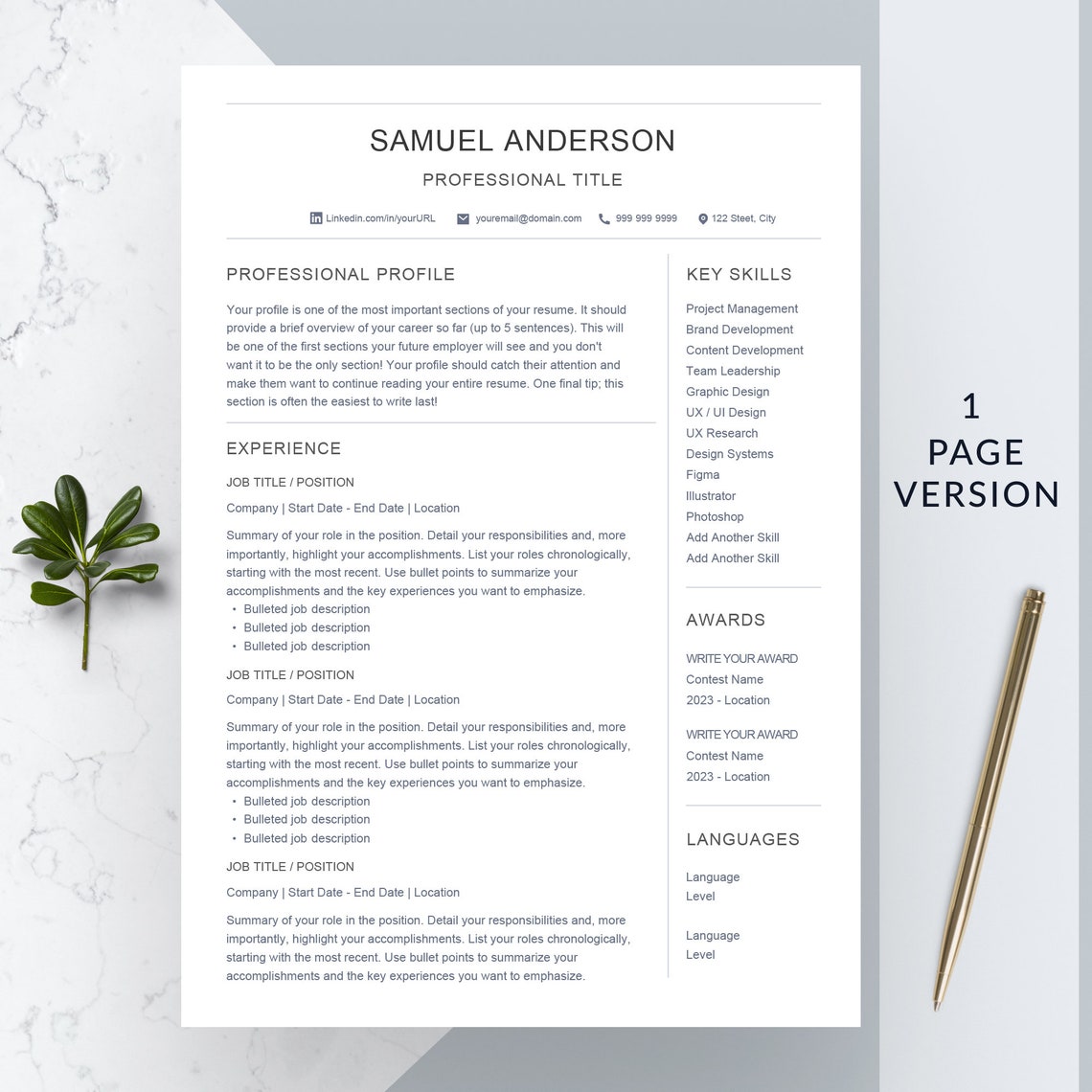 Minimalist, Professional Resume Template for Google Docs, Word, Modern ...
