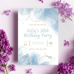 Blue White Gold Birthday Invitation Modern Digital Invite - Etsy