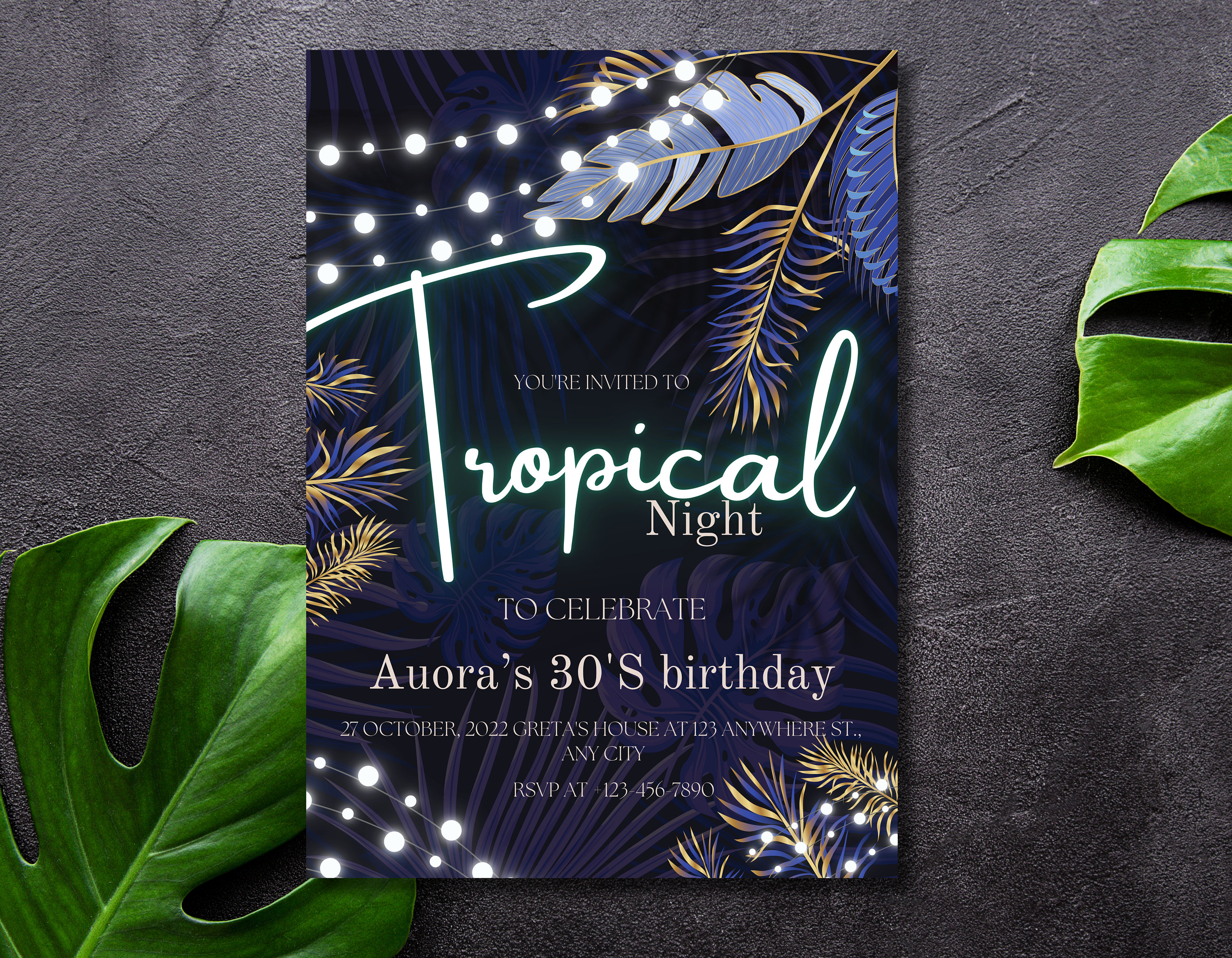 Editable Tropical Night Birthday Party Invitation, Black Birthday ...