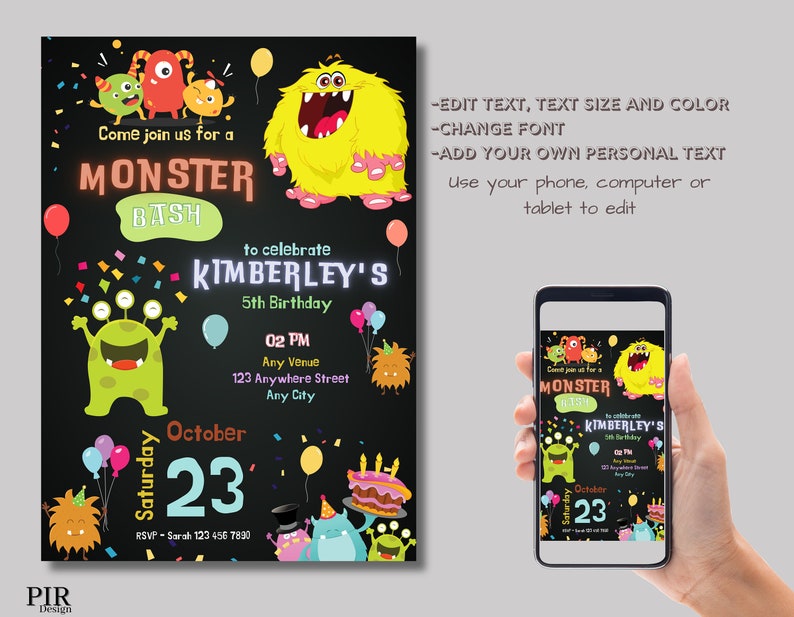 Editable Monster Bash Birthday Invitation, Monster Themed Children ...