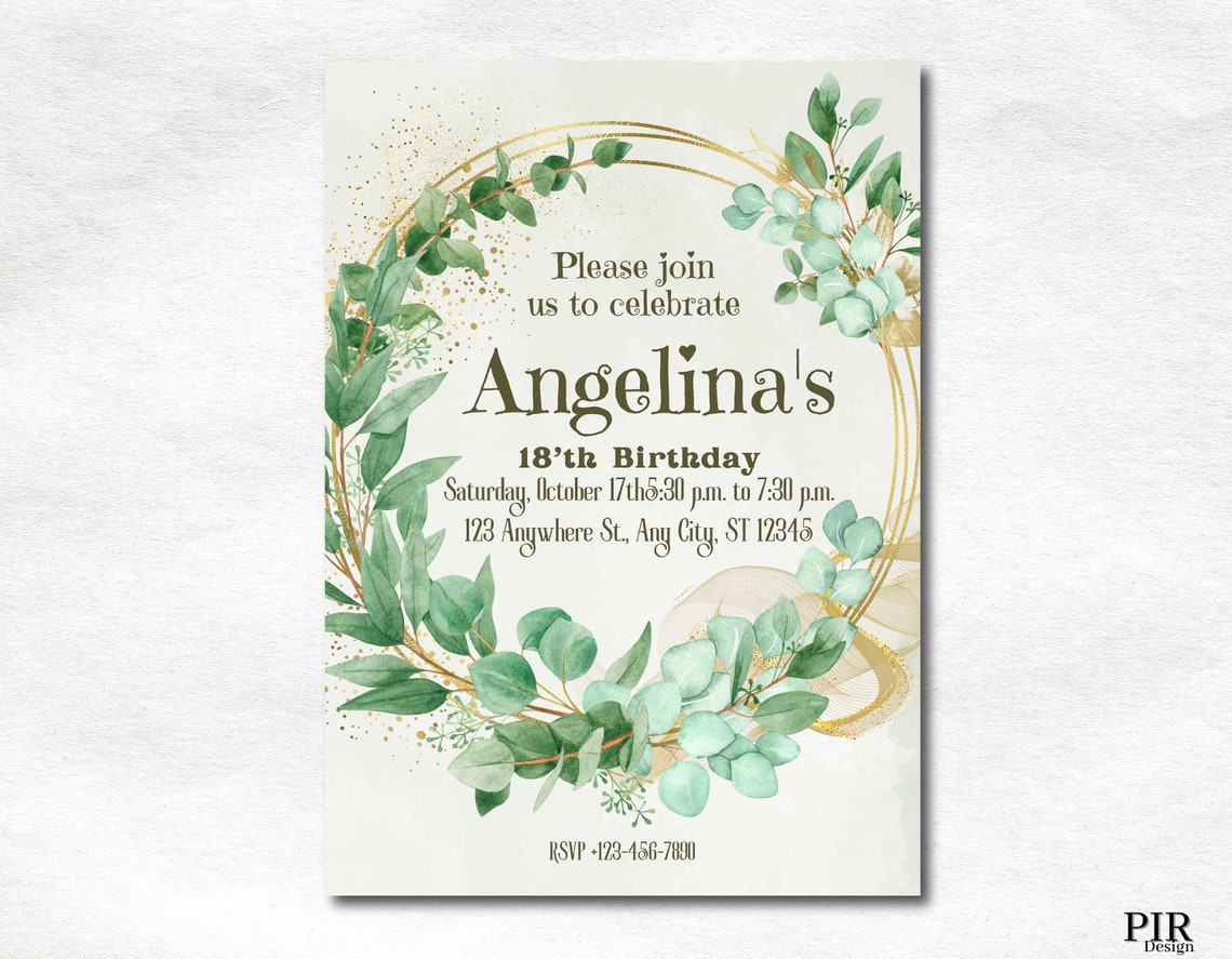 Green & Gold Foliage Birthday Invitation: Minimalist Template (digital ...