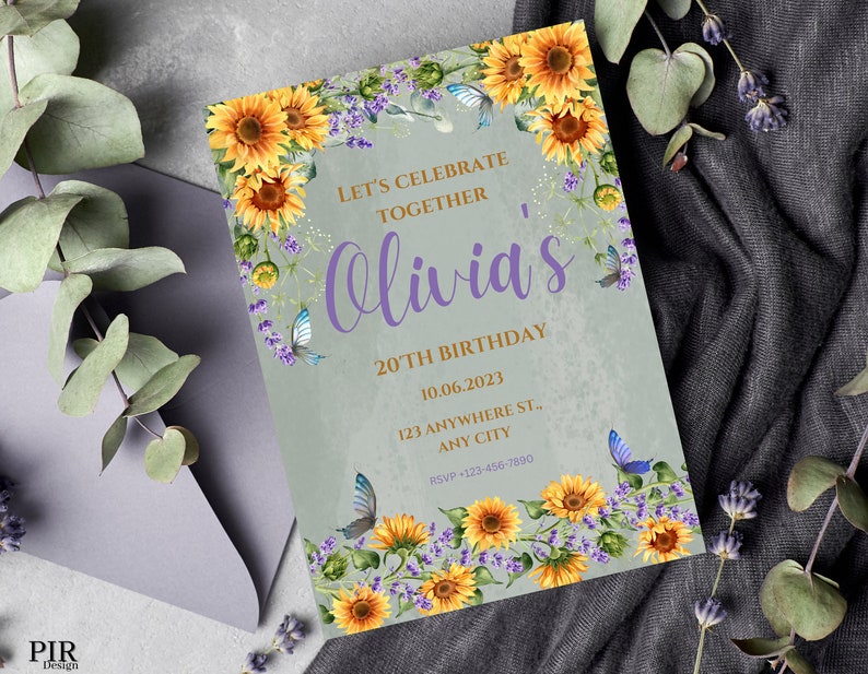 Sunflower Butterfly Birthday Invitation Digital Invite - Etsy