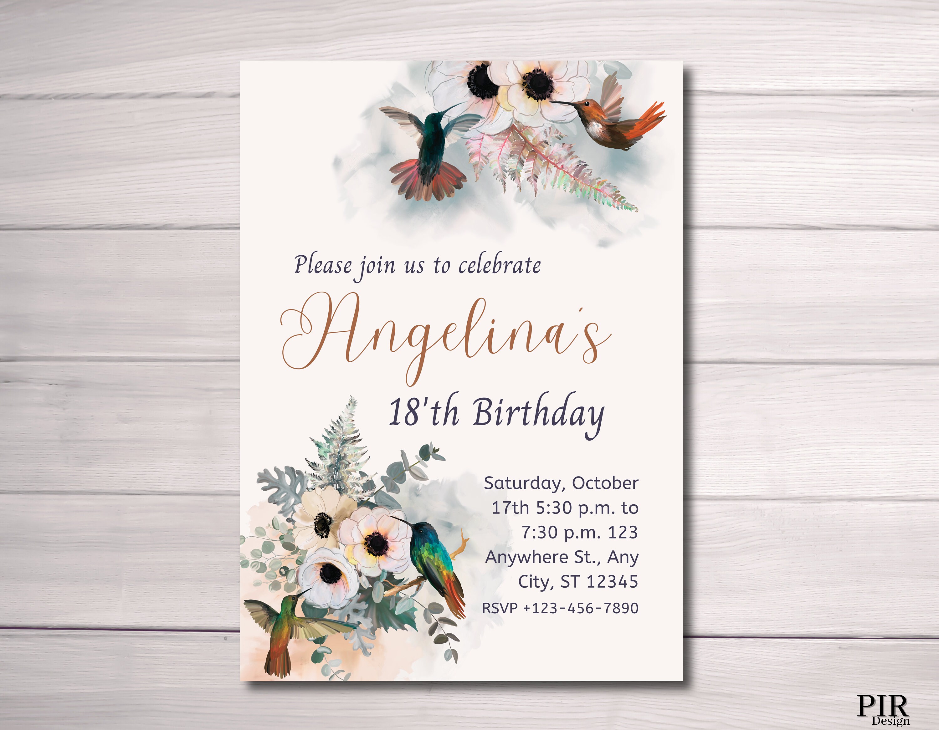 Beige Hummingbird Birthday Invitation, Digital Invite, Editable ...