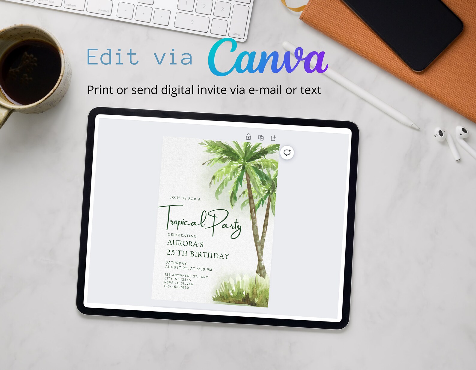 Editable Tropical Birthday Party Invitation, Simple Palm Tree Invite ...
