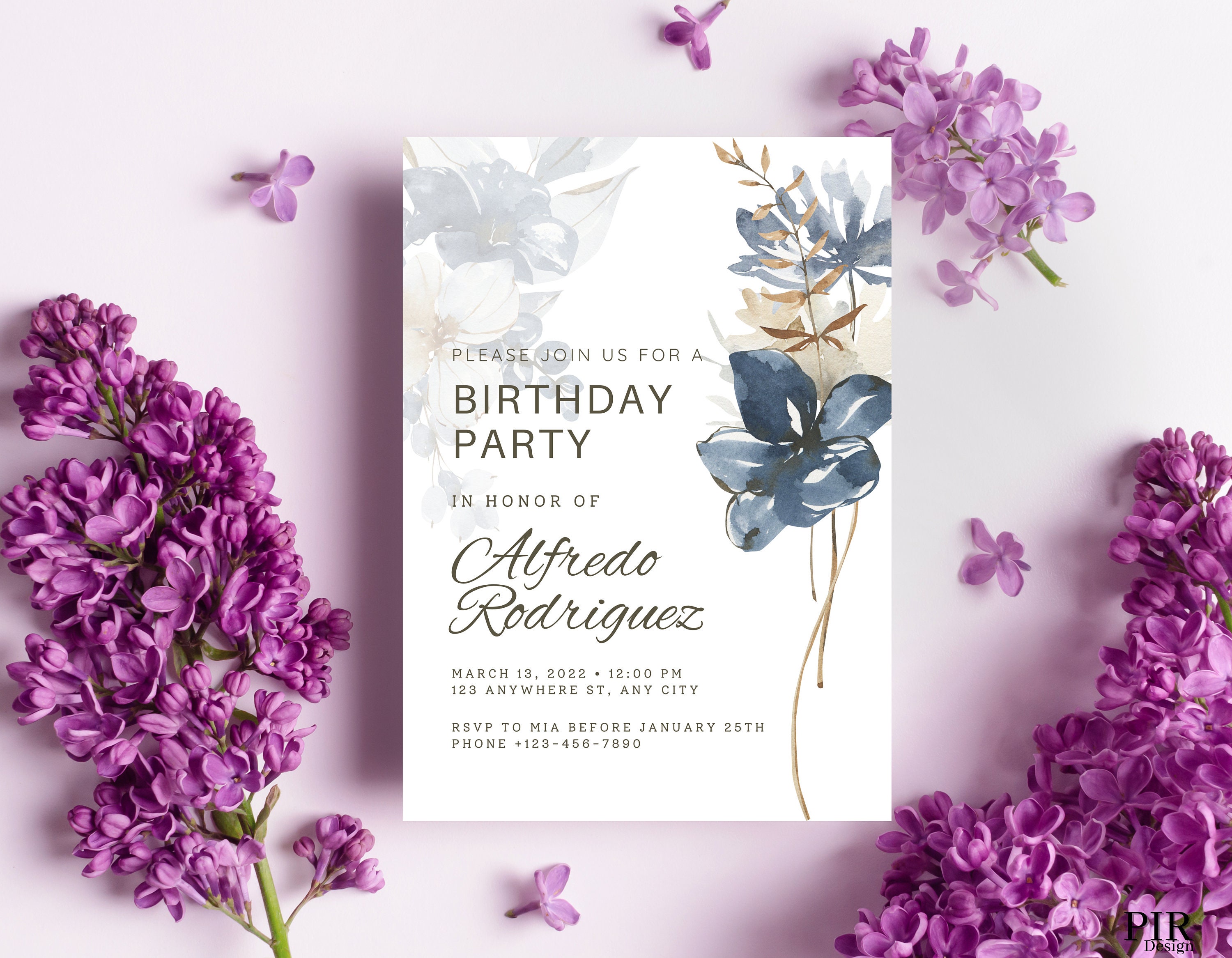 Watercolour Flower Birthday Invitation, Digital Invite, Editable Simple ...