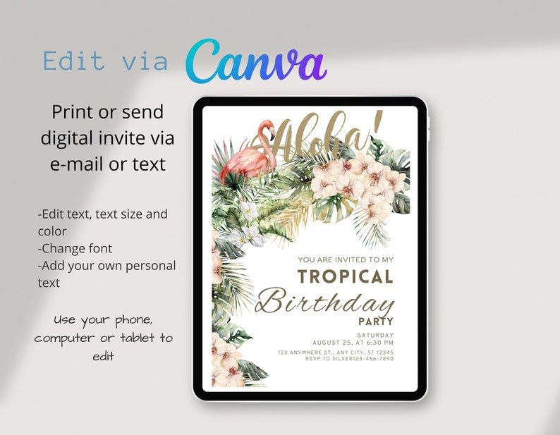 Editable Tropical Birthday Party Invitation, Aloha Birthday Invite ...