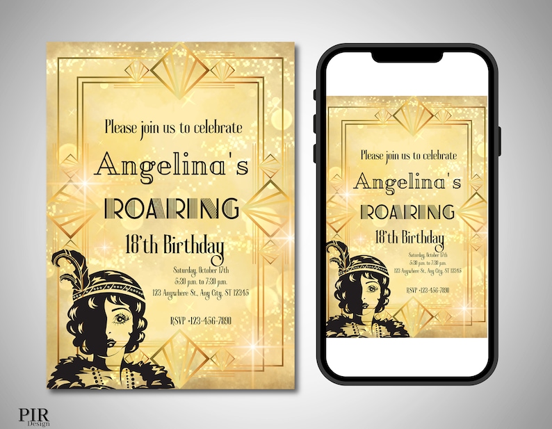 Editable Gold 1920s Birthday Invitation: Roaring Party (digital ...