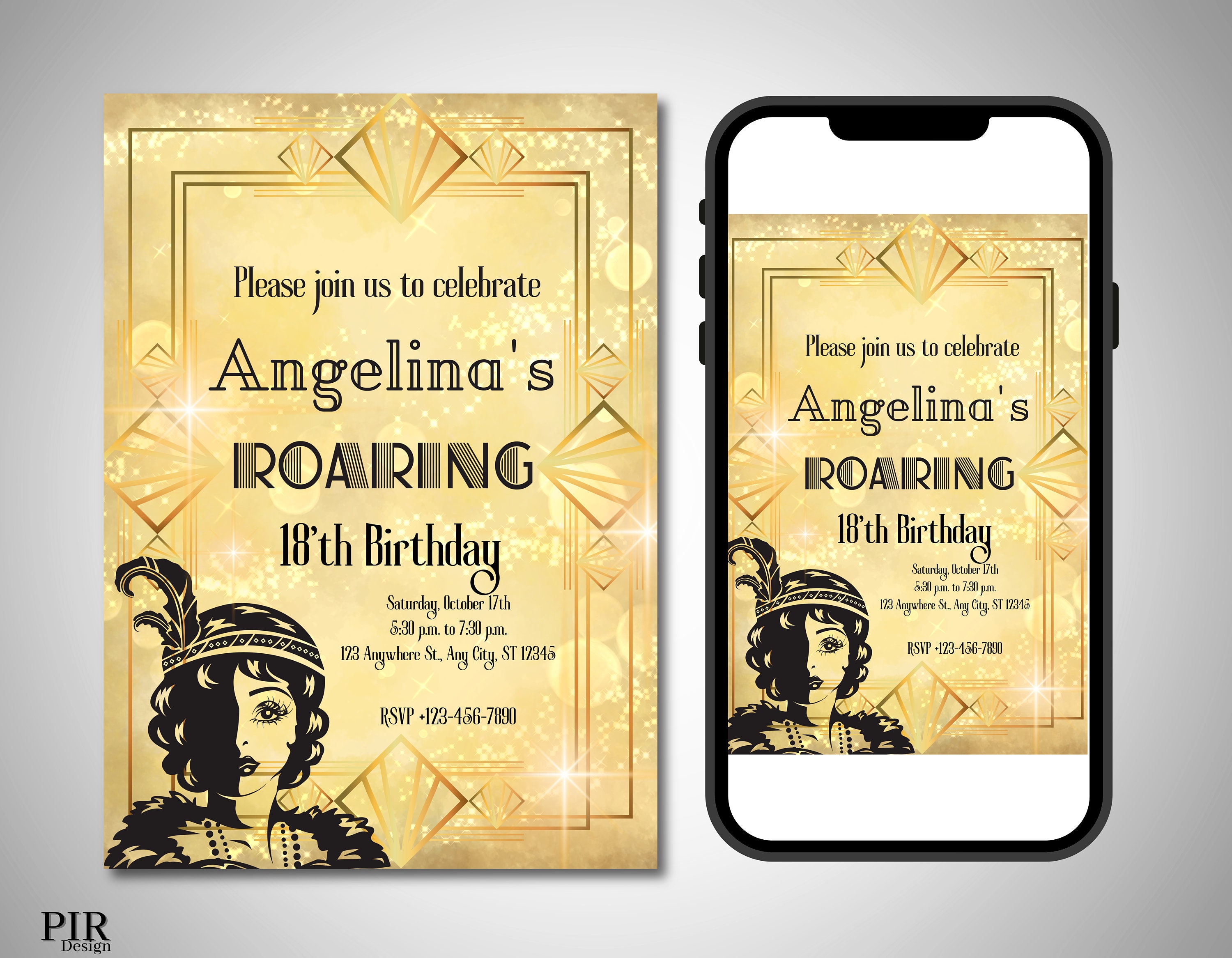 Editable Gold 1920s Birthday Invitation: Roaring Party (digital ...