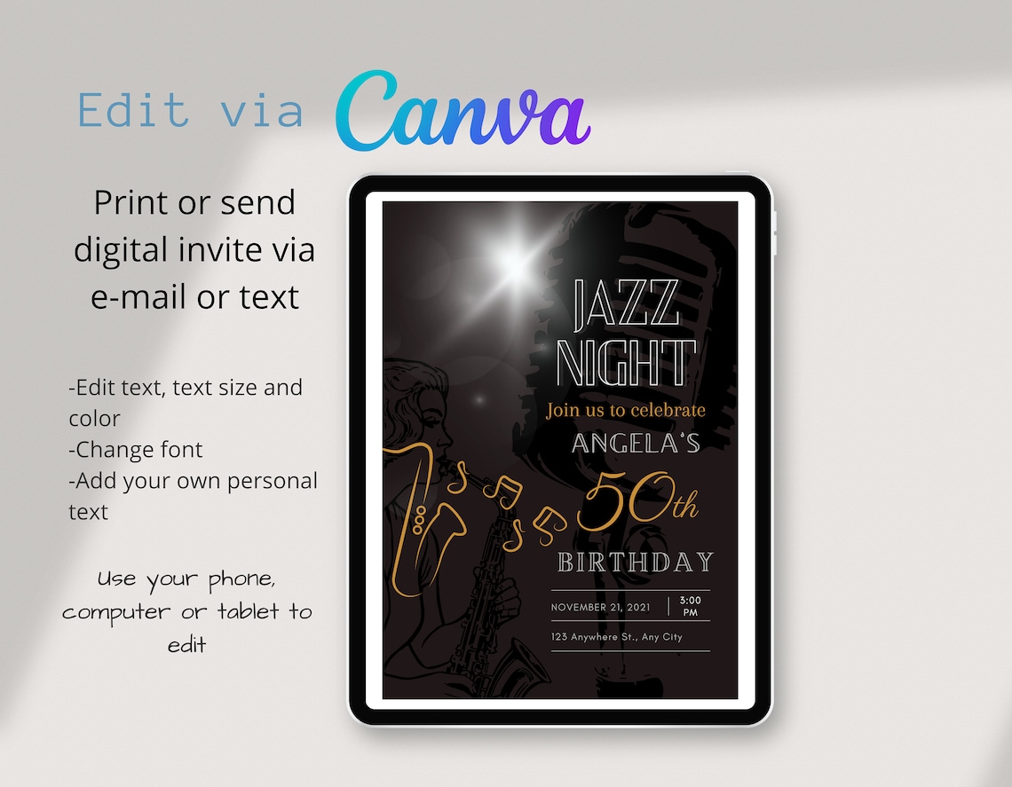 Jazz Night Invitation, Saxophone Birthday Invite, Any Age Party ...
