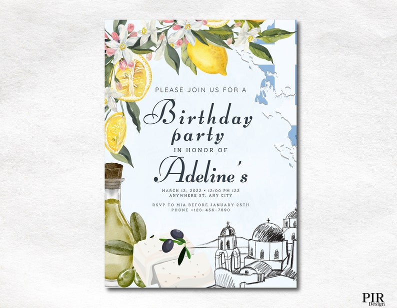 Editable Greece Themed Birthday Party Invitation, Mediterranean ...
