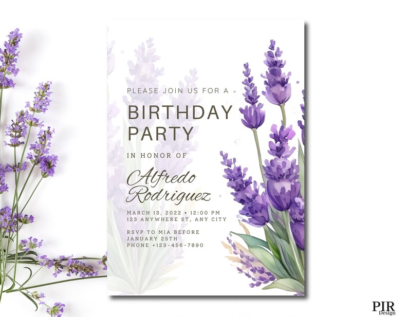 Lavender Birthday Invitation, Digital Invite, Editable Birthday Party ...