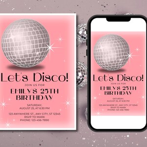 Pink Disco Birthday Invitation: Editable Canva Template (5x7" Digital ...