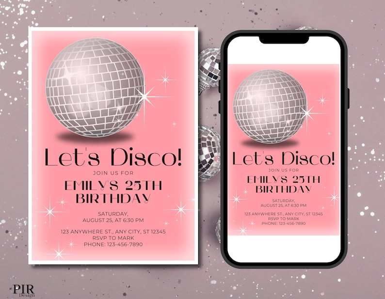 Pink Disco Birthday Invitation: Editable Canva Template (5x7" Digital ...